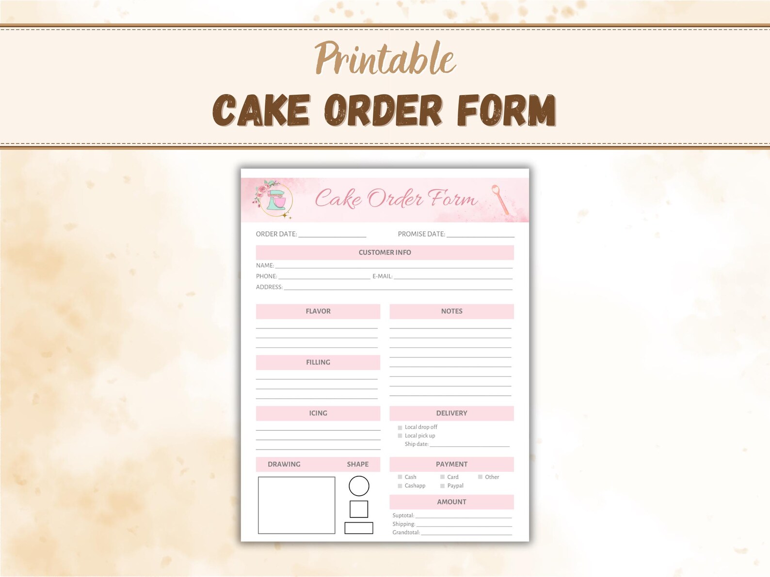 Printable Cake Order Form, Blank Digital Download Cake Order Form ...