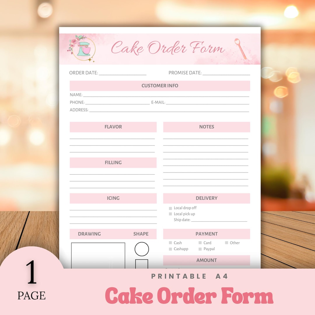 Printable Cake Order Form, Blank Digital Download Cake Order Form ...