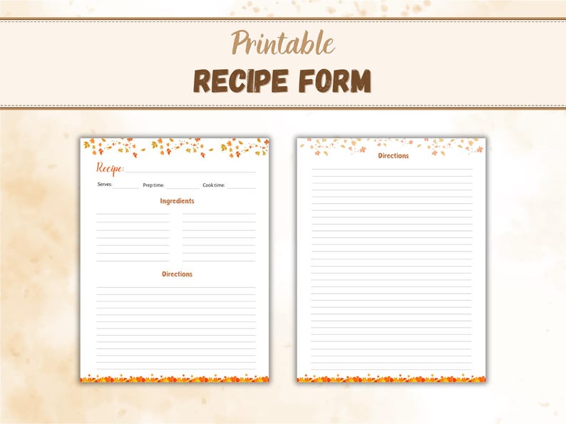 Autumn Printable Recipe Templates, Recipe Box, Recipe Template 8.5x11 ...