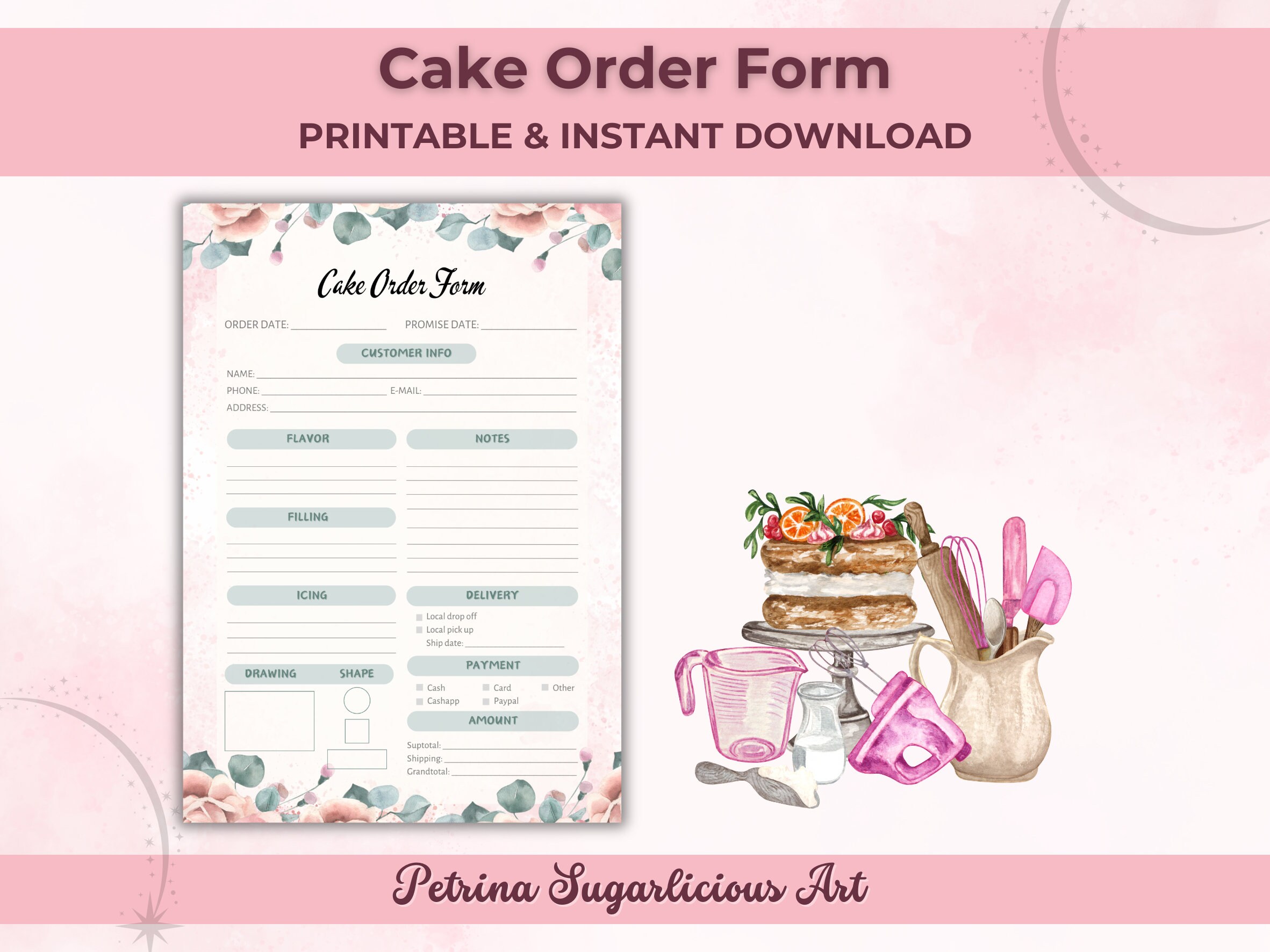Printable Cake Order Form, Blank Digital Download Cake Order Form ...