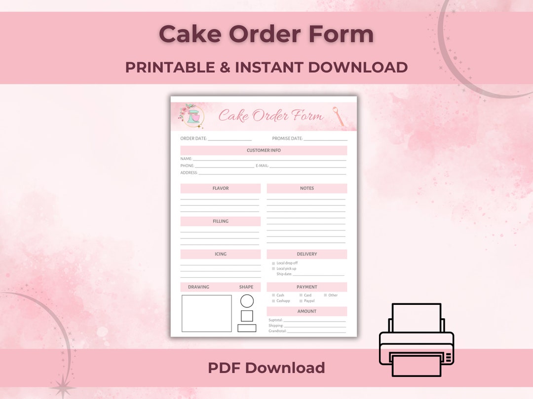 Printable Cake Order Form, Blank Digital Download Cake Order Form ...