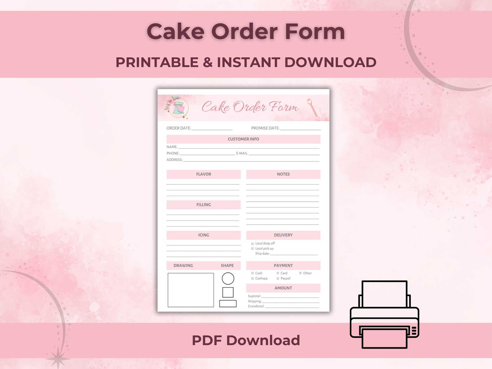 Printable Cake Order Form, Blank Digital Download Cake Order Form ...