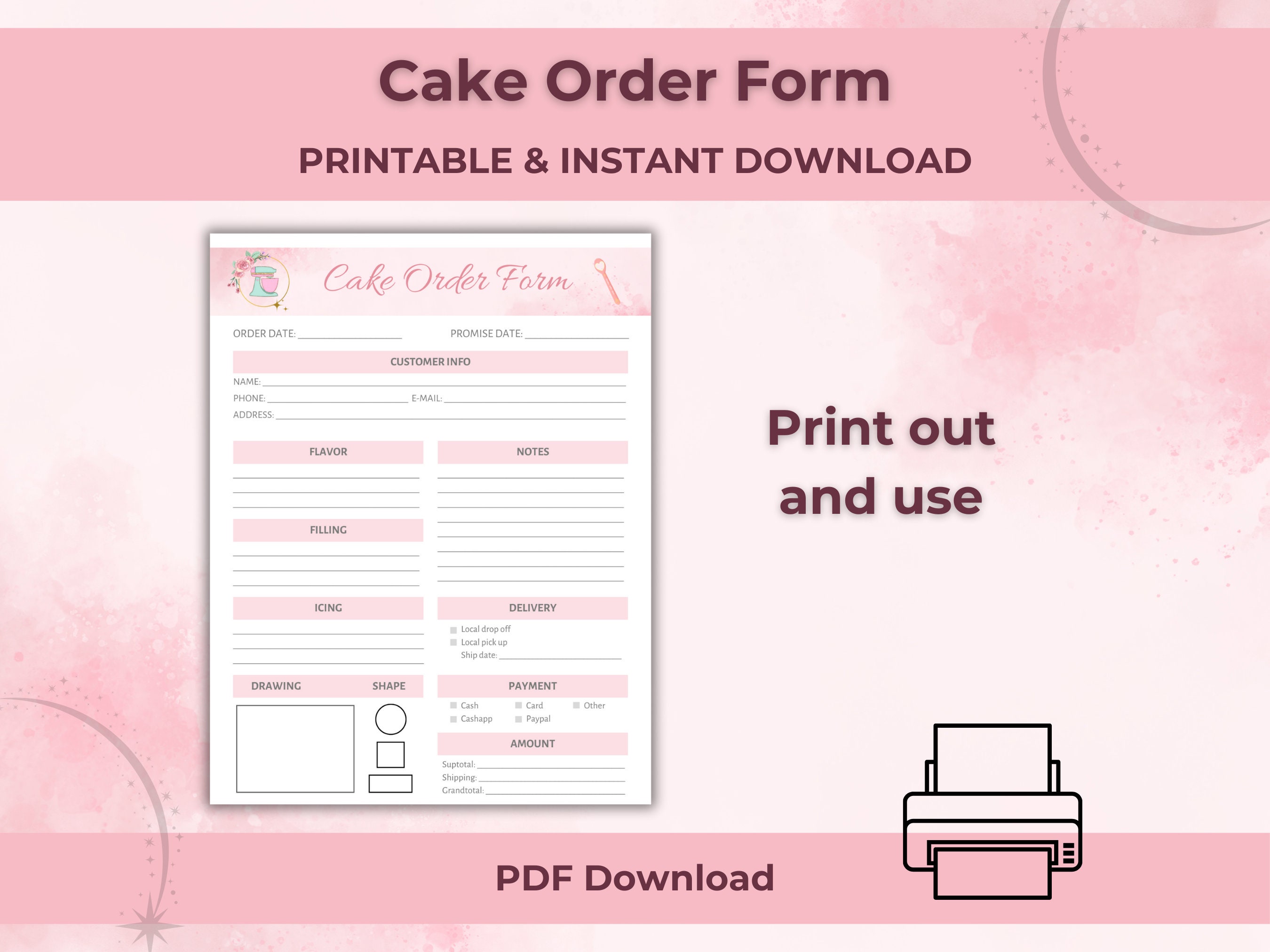 Printable Cake Order Form, Blank Digital Download Cake Order Form ...