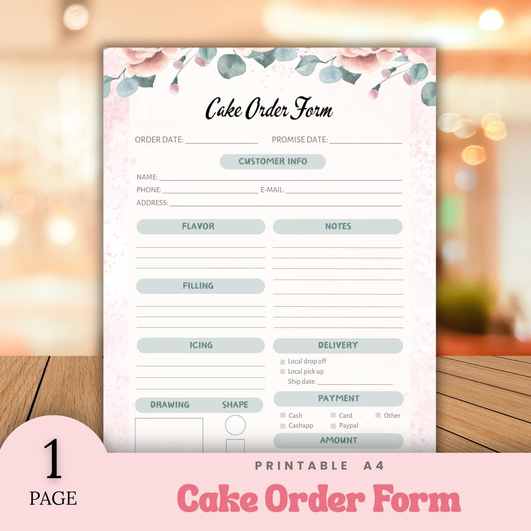 Printable Cake Order Form, Digital Download Template, 8.5 X 11 Inch A4 ...