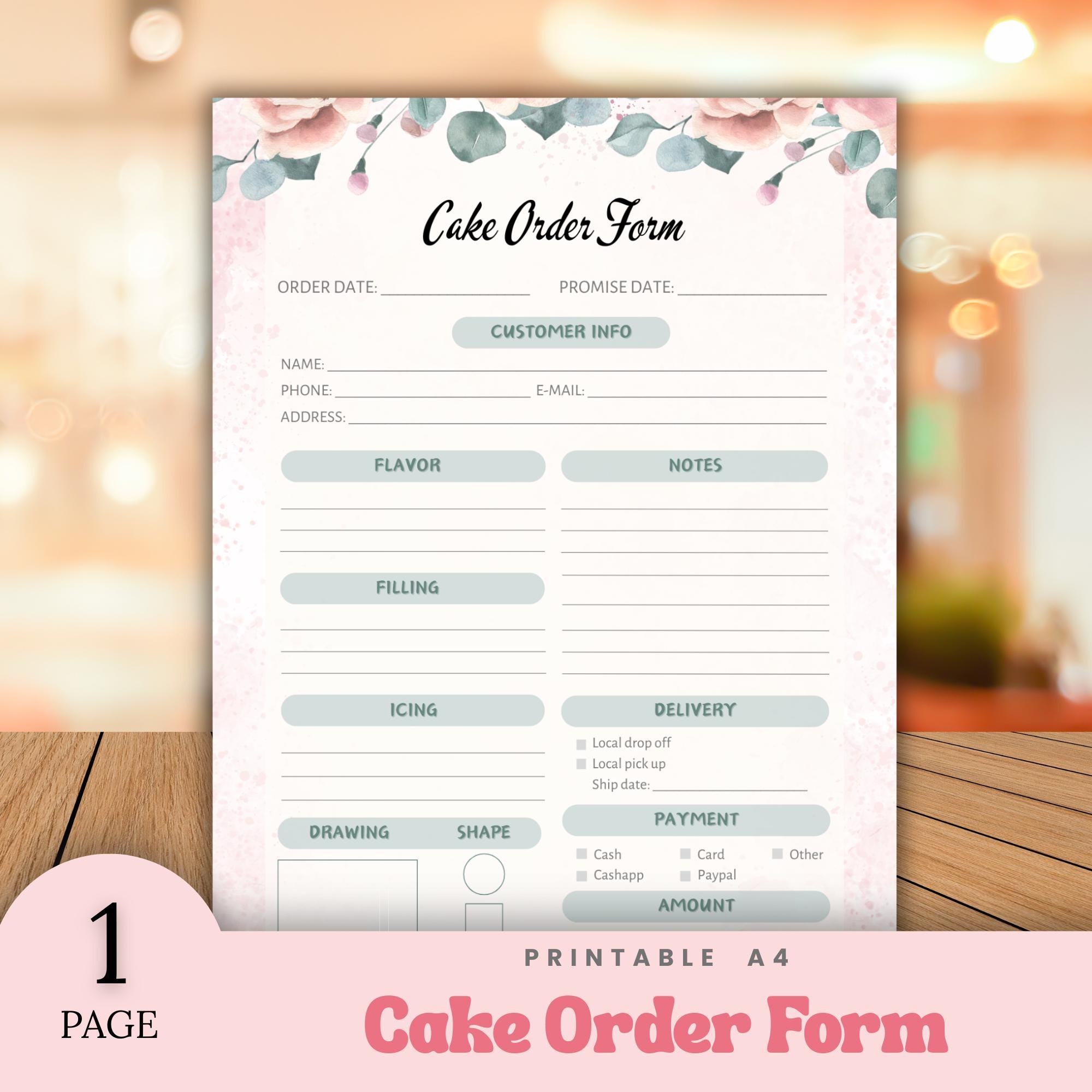 Printable Cake Order Form, Digital Download Template, 8.5 X 11 Inch A4 ...