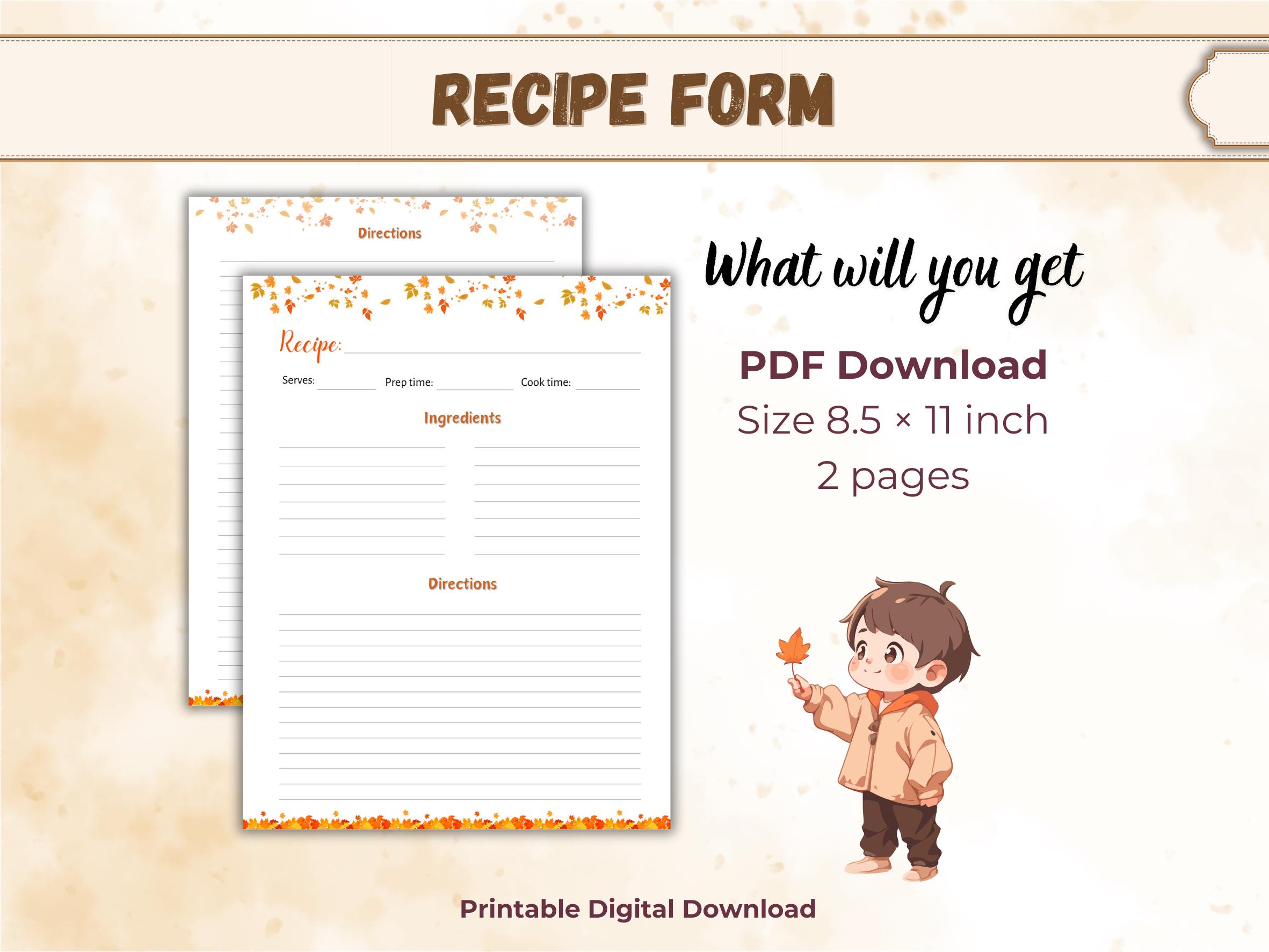 Autumn Printable Recipe Templates, Recipe Box, Recipe Template 8.5x11 ...