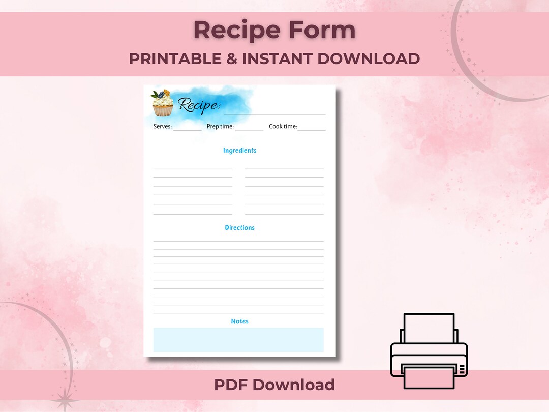Printable Recipe Template, Blank Digital Download Recipe Template ...