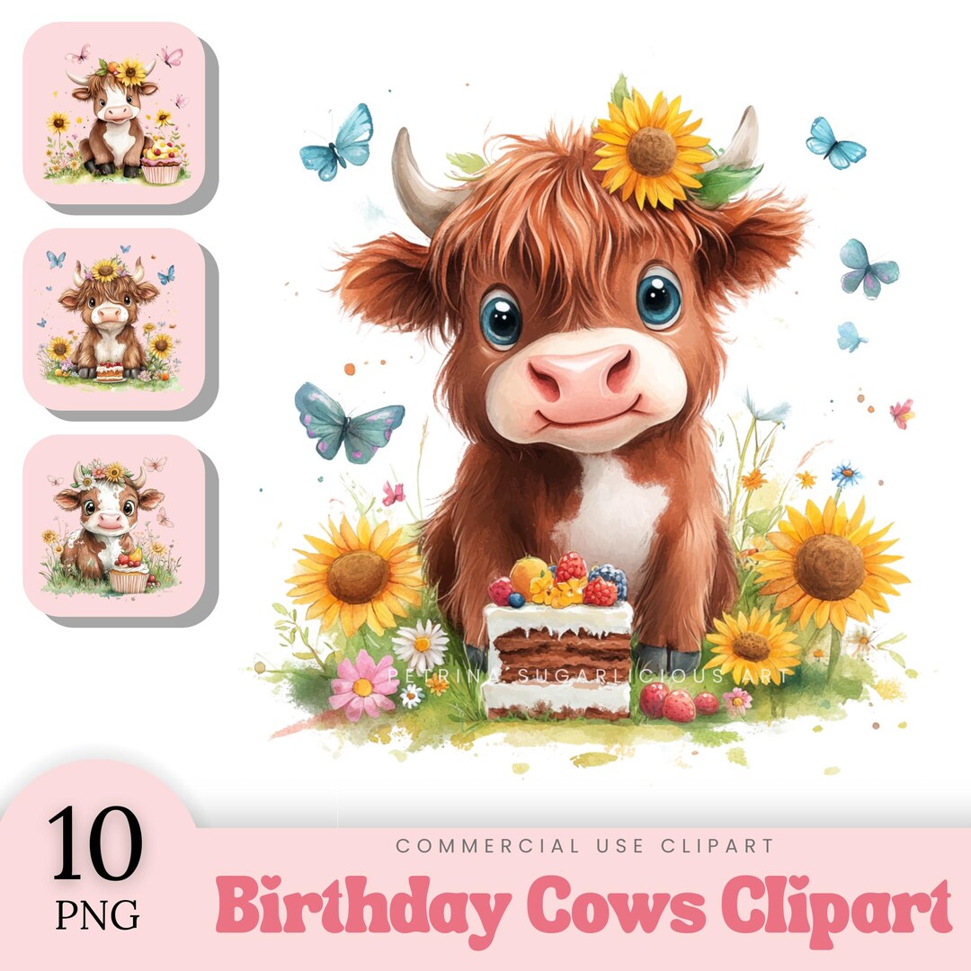 Cute Birthday Cows Clipart | 10 PNG Highland Cow Illustrations ...