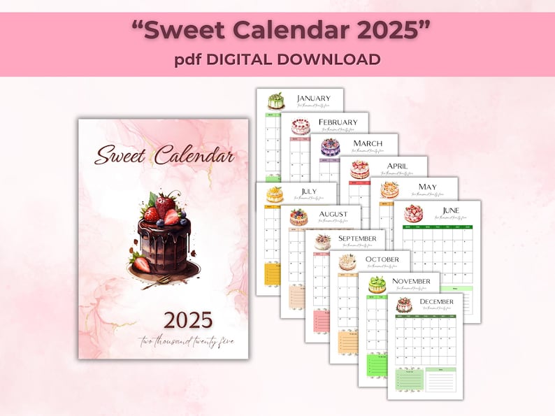 Printable Cake Calendar 2025, Digital Download Calendar, Monthly ...