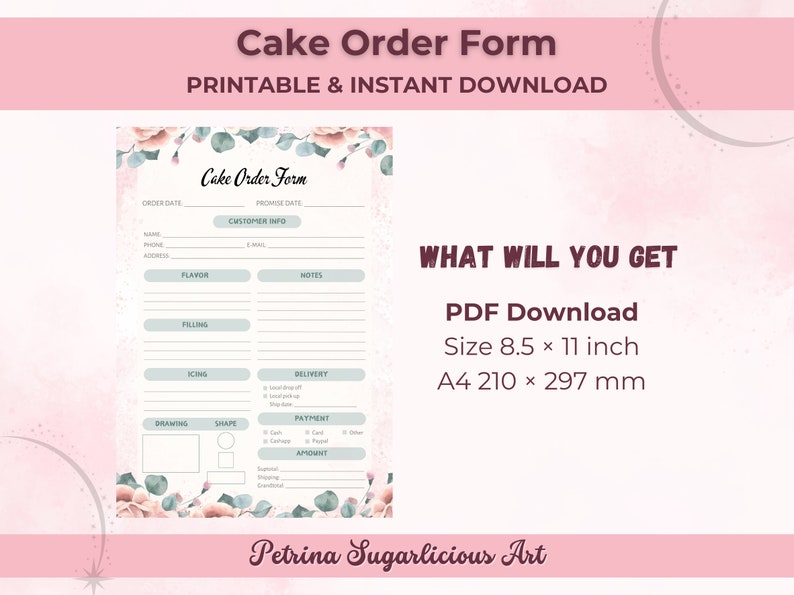 Printable Cake Order Form, Blank Digital Download Cake Order Form ...