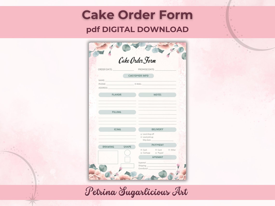 Printable Cake Order Form, Blank Digital Download Cake Order Form ...
