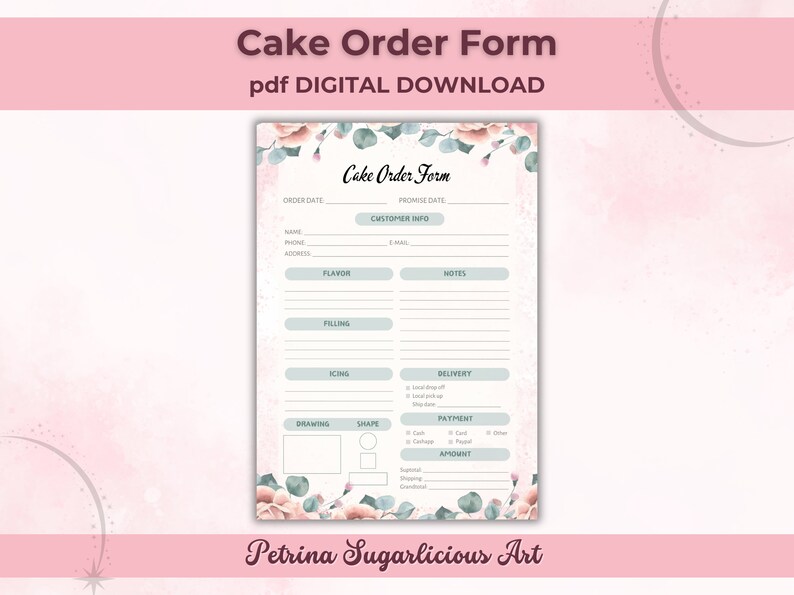 Printable Cake Order Form, Blank Digital Download Cake Order Form ...