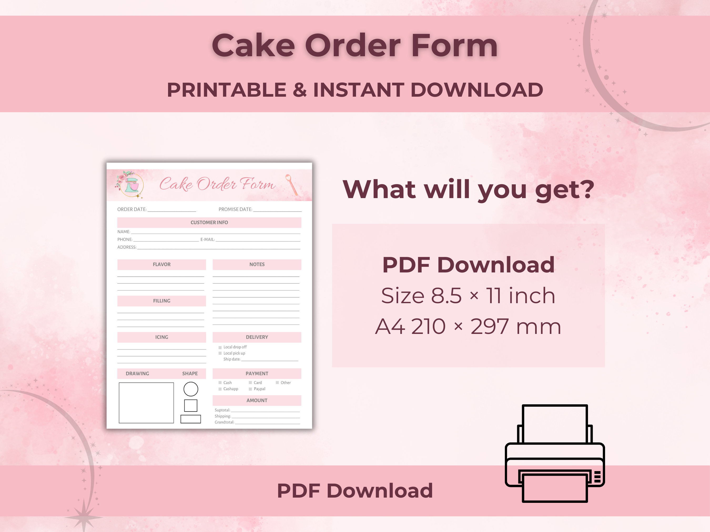 Printable Cake Order Form, Blank Digital Download Cake Order Form ...