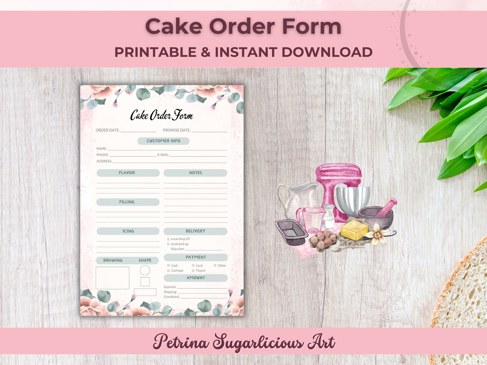 Printable Cake Order Form, Digital Download Template, 8.5 X 11 Inch A4 ...