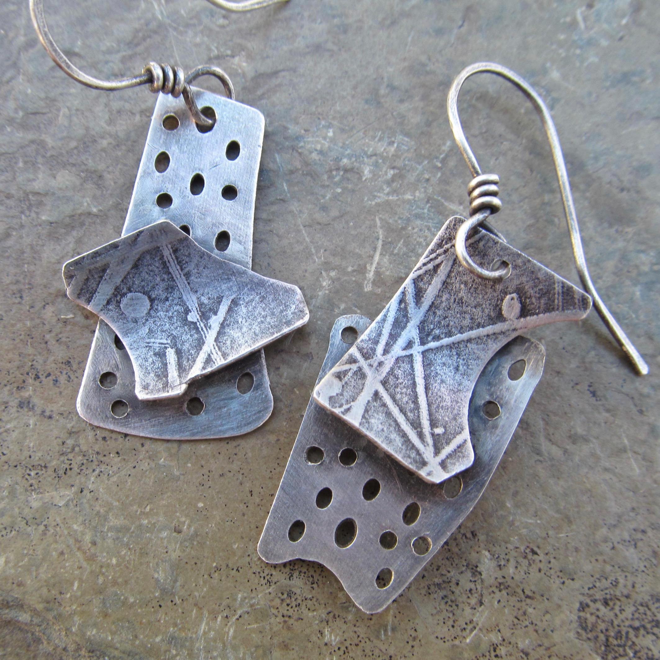 Silver Abstract Layered Earrings Asymmetrical Textured Artistic Dangles ...