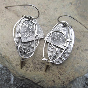 Rustic Silver Earrings Oval Hoop Earrings Textured Dangle Earrings ...