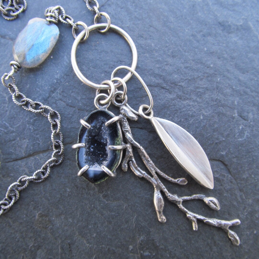 Labradorite Mini Geode Charm Necklace Sterling Silver Twig - Etsy