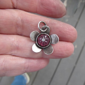 Sterling Silver Flower Charm Pink Ruby Daisy Pendant Rustic Rose ...