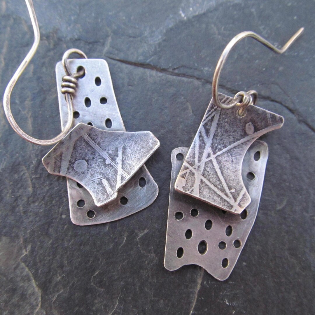 Silver Abstract Layered Earrings Asymmetrical Textured Artistic Dangles ...