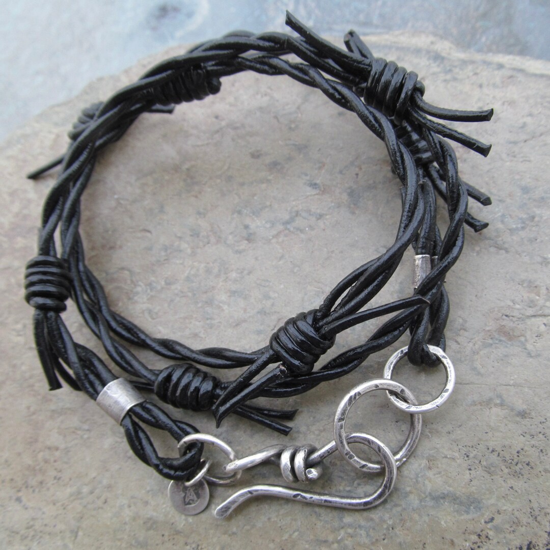 Men's Leather Barbed Wire Wrap BRACELET Sterling Silver Bracelet for ...