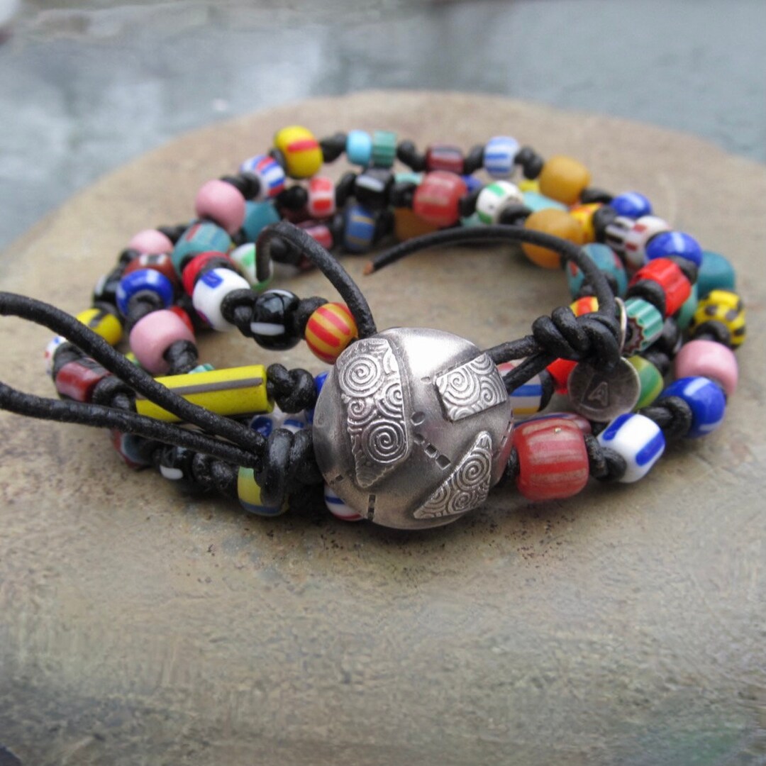 4x Wrap Bracelet African Trade Bead Leather Wrap Bracelet Etsy