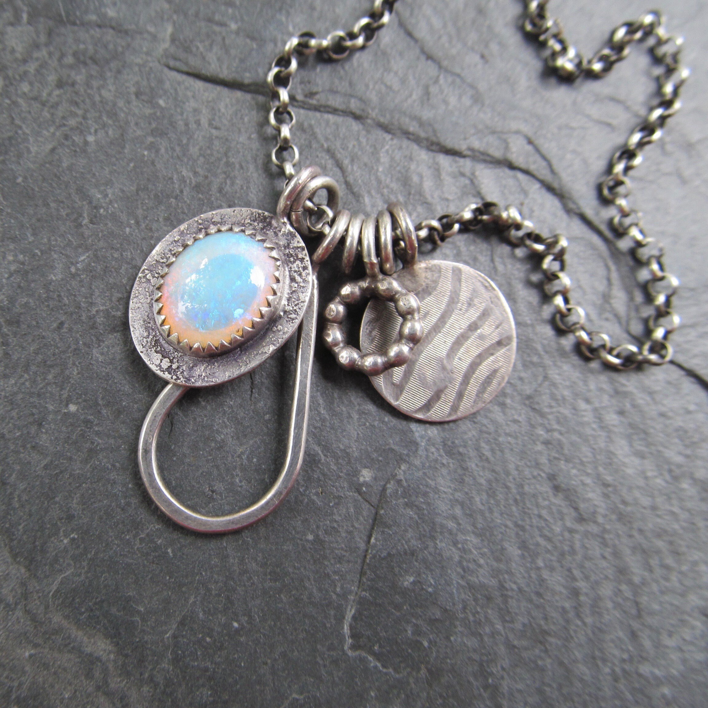 White Opal Charm Necklace Sterling Silver Charm Cluster Necklace Boho ...