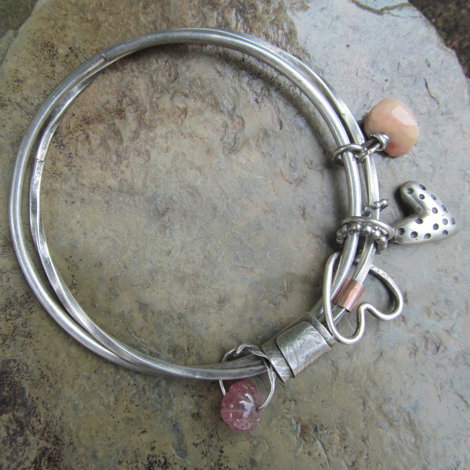 Sterling Silver Heart Bangle Bracelet Pink Gemstone Charm - Etsy