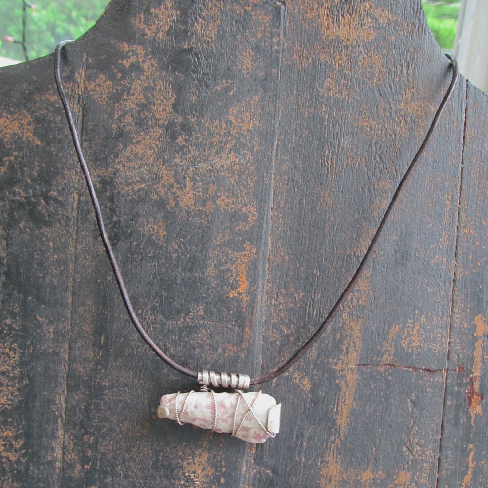 Men's Rough Stone Necklace for Men Leather and Silver Necklace Rough ...
