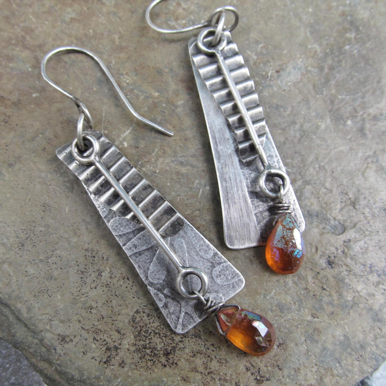 Abstract Layered Sterling Silver Earrings Long Orange Gemstone Dangles ...