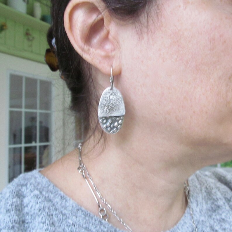 Rustic Silver Earrings Oval Hoop Earrings Textured Dangle | Etsy