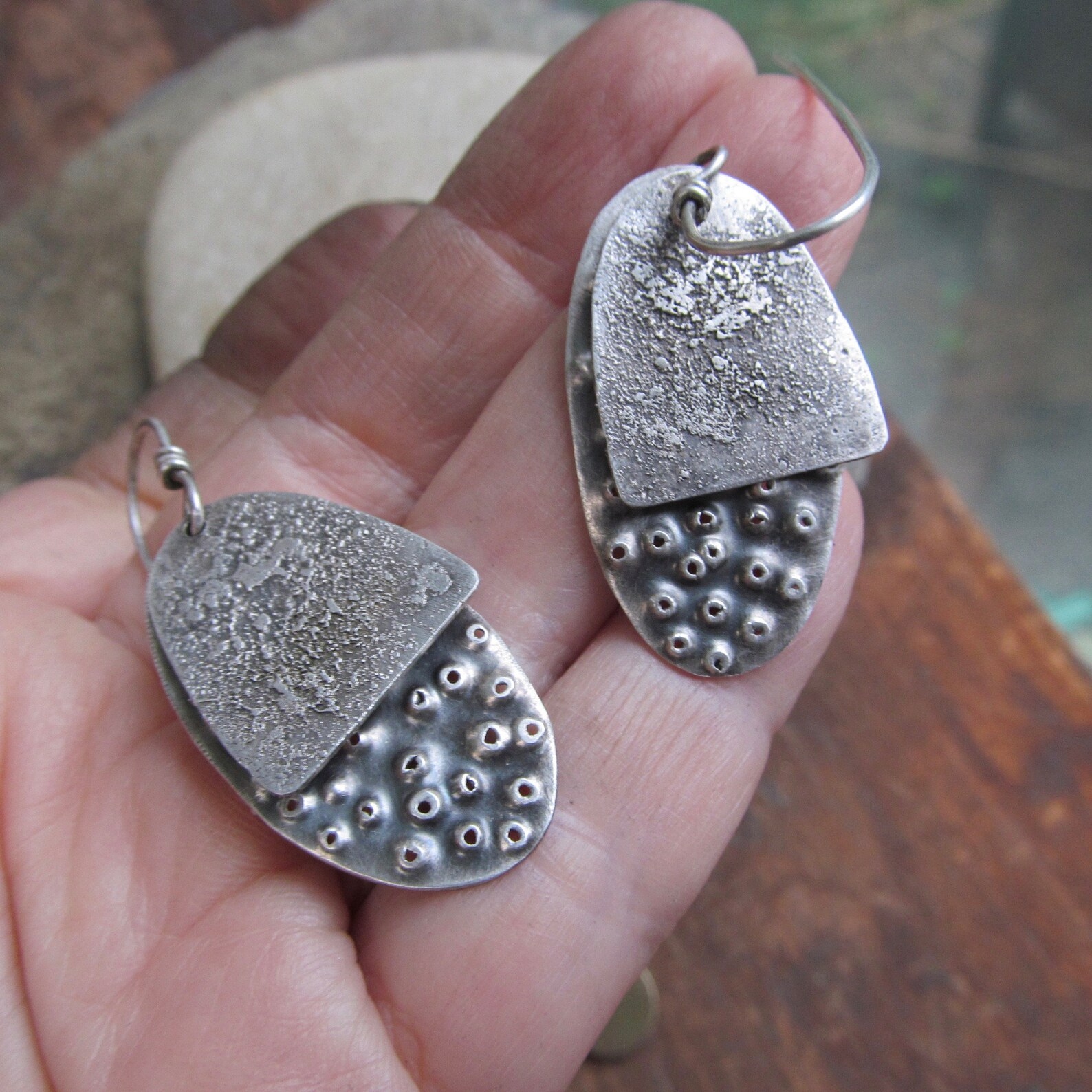 Rustic Silver Earrings Oval Hoop Earrings Textured Dangle | Etsy