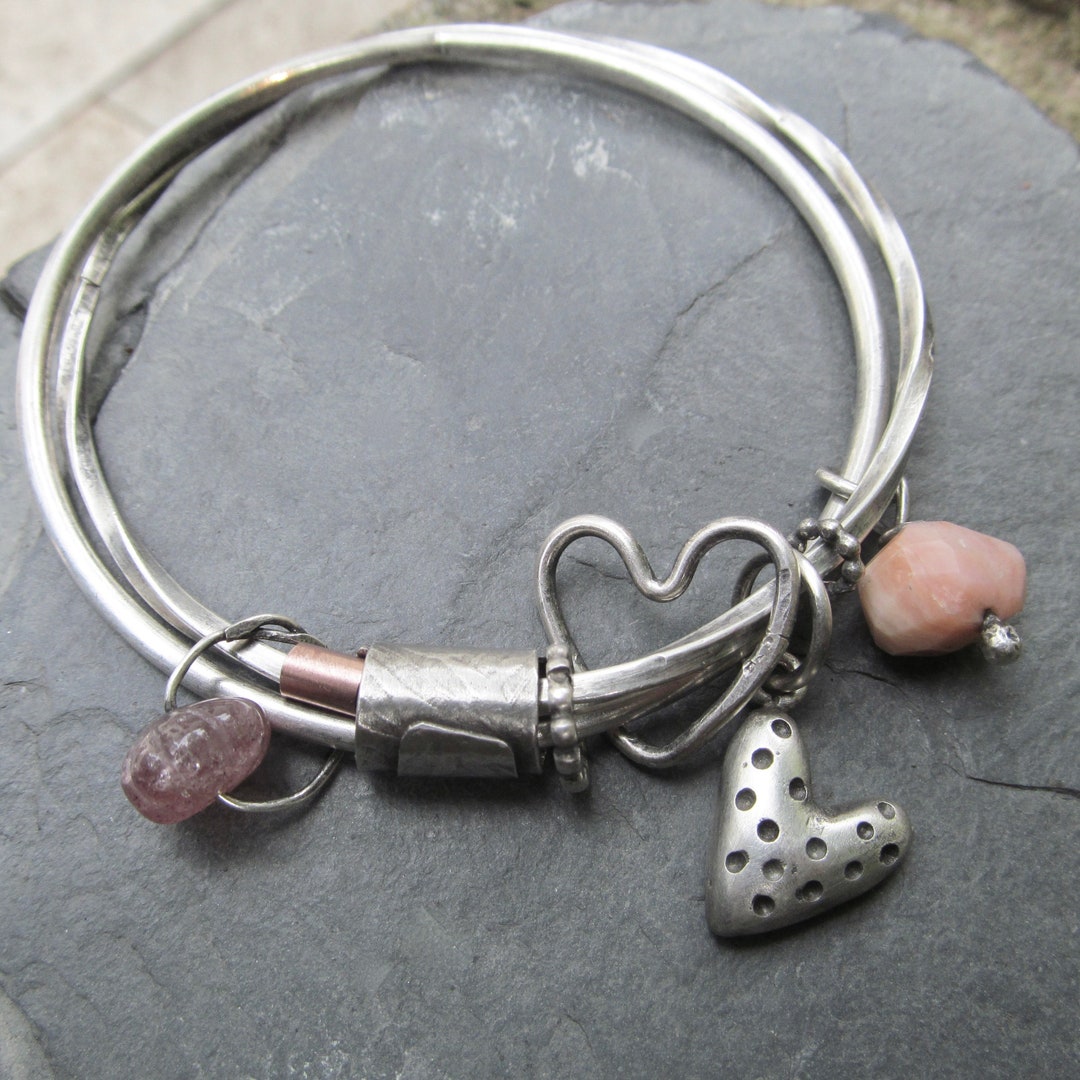 Sterling Silver Heart Bangle Bracelet Pink Gemstone Charm Bracelet ...