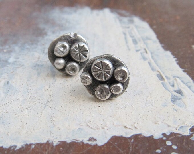 Boho Silver Stud Earrings Sterling Silver Button Earrings Funky Stamped ...