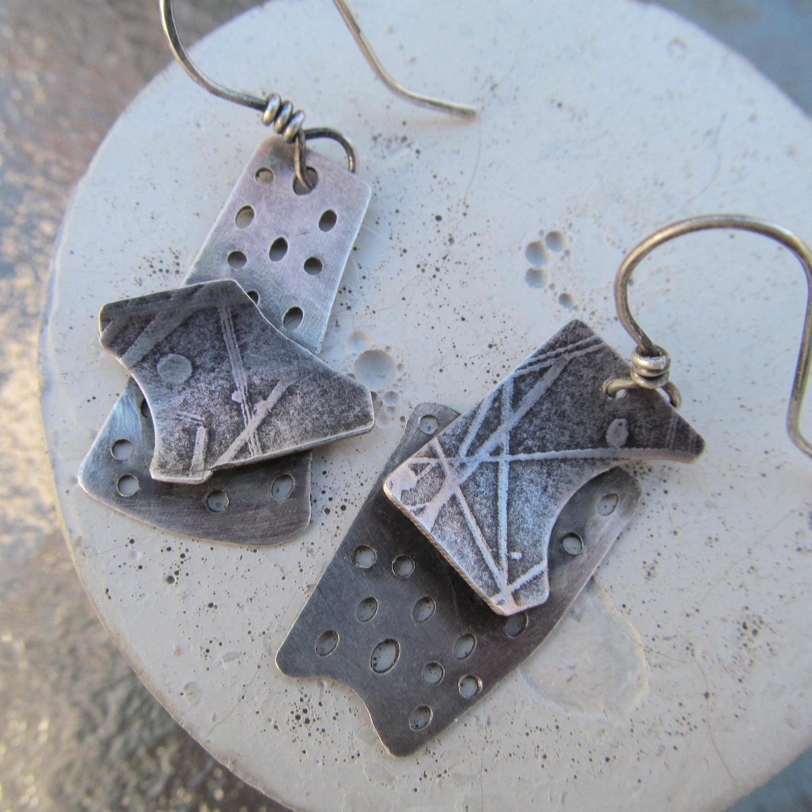 Silver Abstract Layered Earrings Asymmetrical Textured Artistic Dangles ...