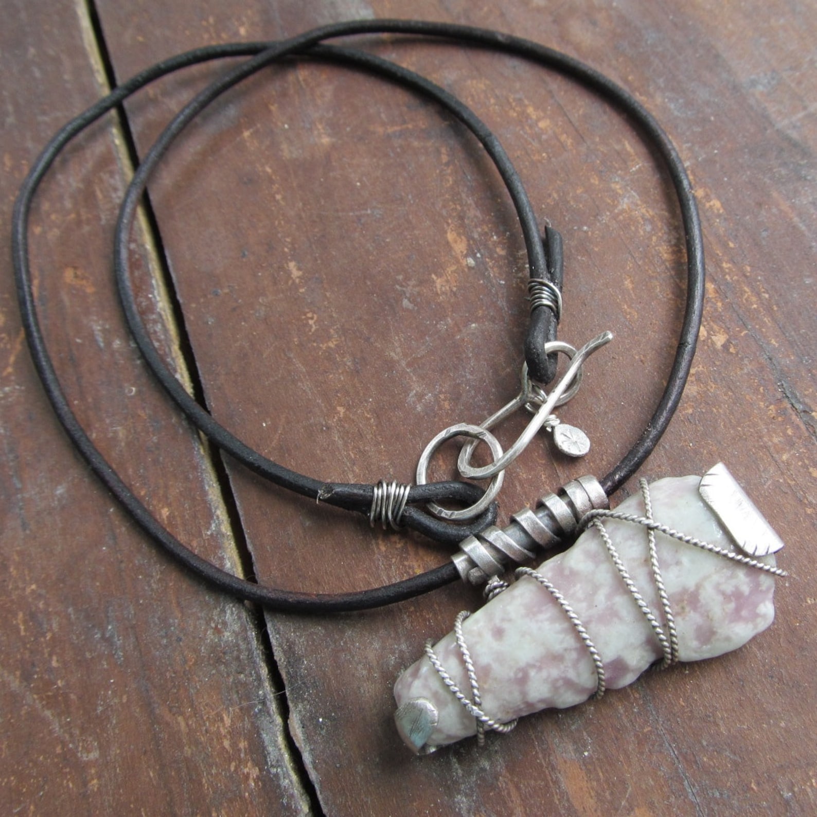 Men's Rough Stone Necklace for Men Leather and Silver Necklace Rough ...