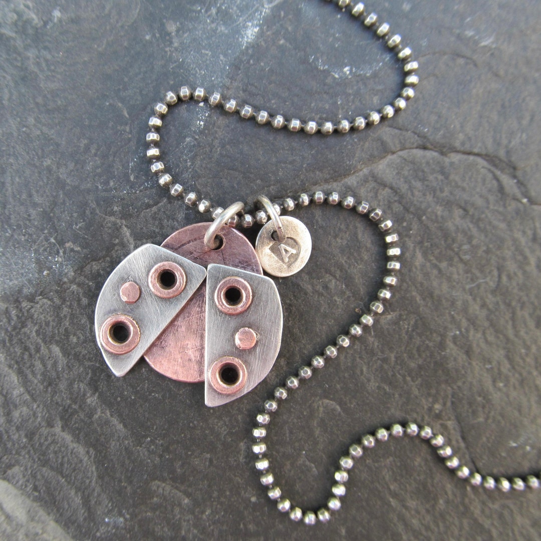 Sterling Silver Ladybug Necklace Rustic Mixed Metal Ladybug Pendant ...