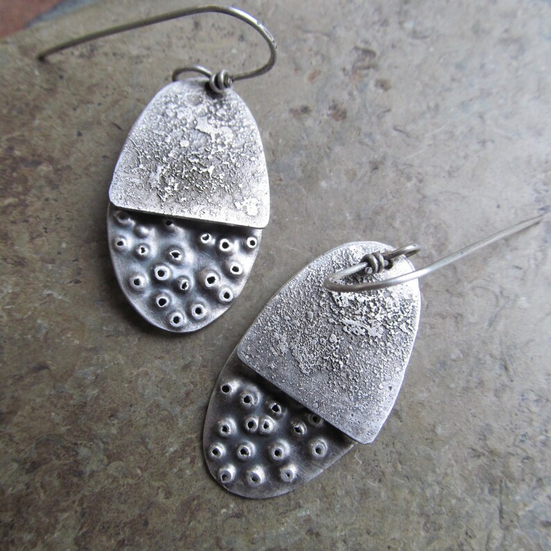 Rustic Silver Earrings Oval Hoop Earrings Textured Dangle | Etsy