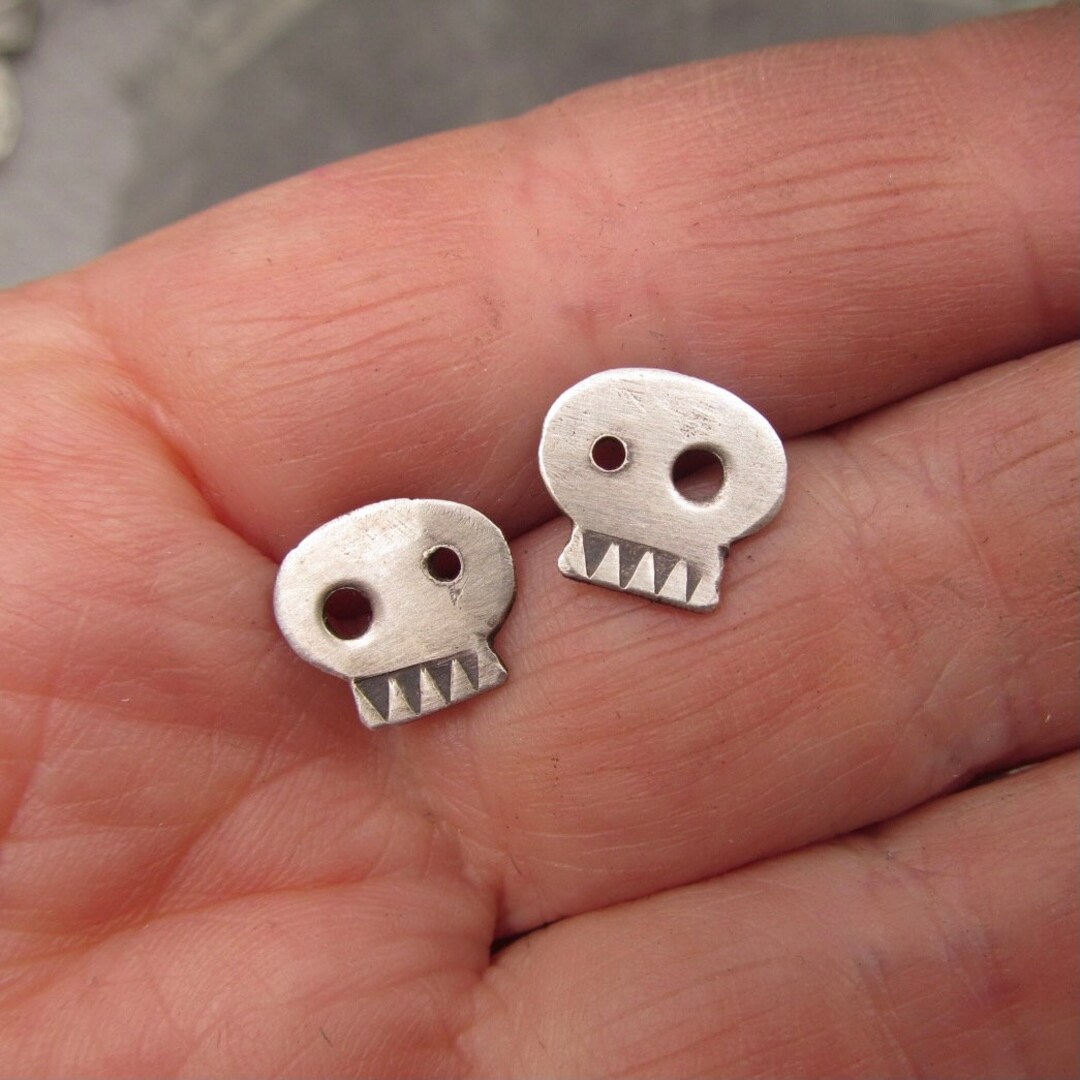 Sterling Silver Skull Stud Earrings Stamped Silver Skull Studs - Etsy