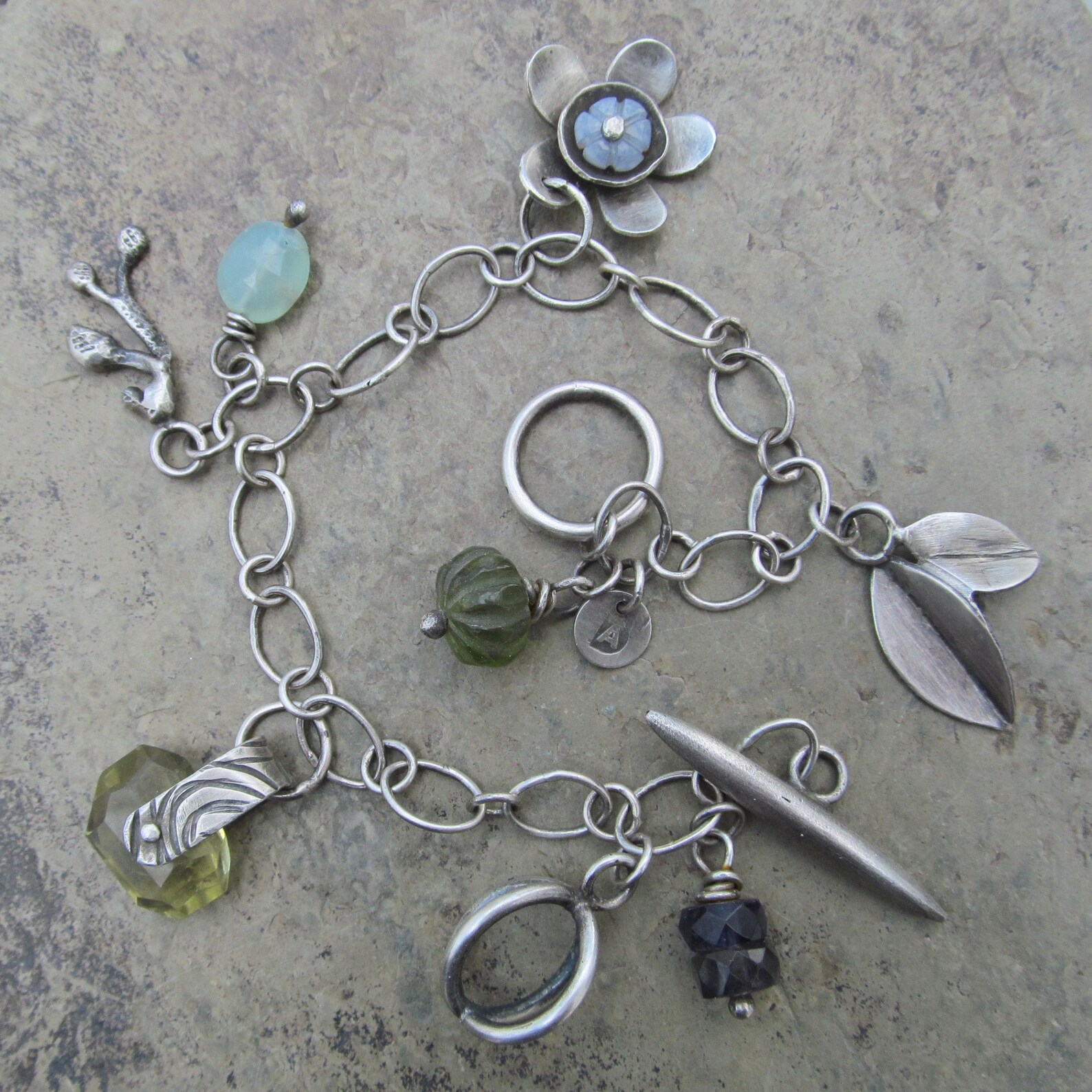 Spring Charm Bracelet Silver Flower Charm Green Blue Gemstone - Etsy