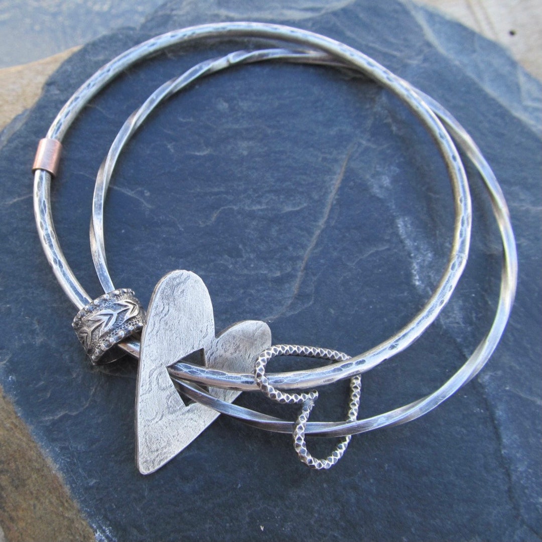 Sterling Silver Heart Bangle Charm Bracelet Double Intertwined Bangle ...