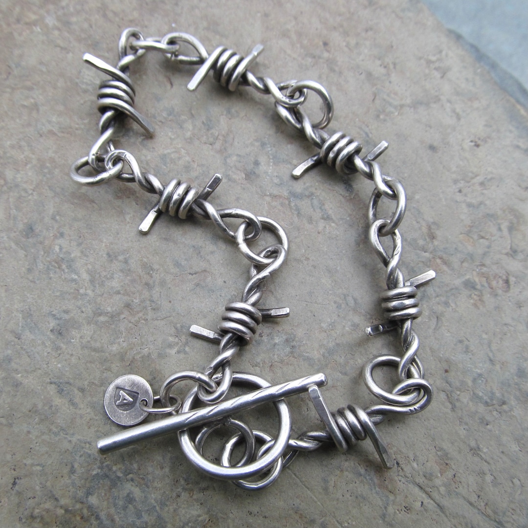 Men's Sterling Silver Barbed Wire Bracelet Chunky Chain Bracelet Solid .925 Punk Grunge Jewelry ...