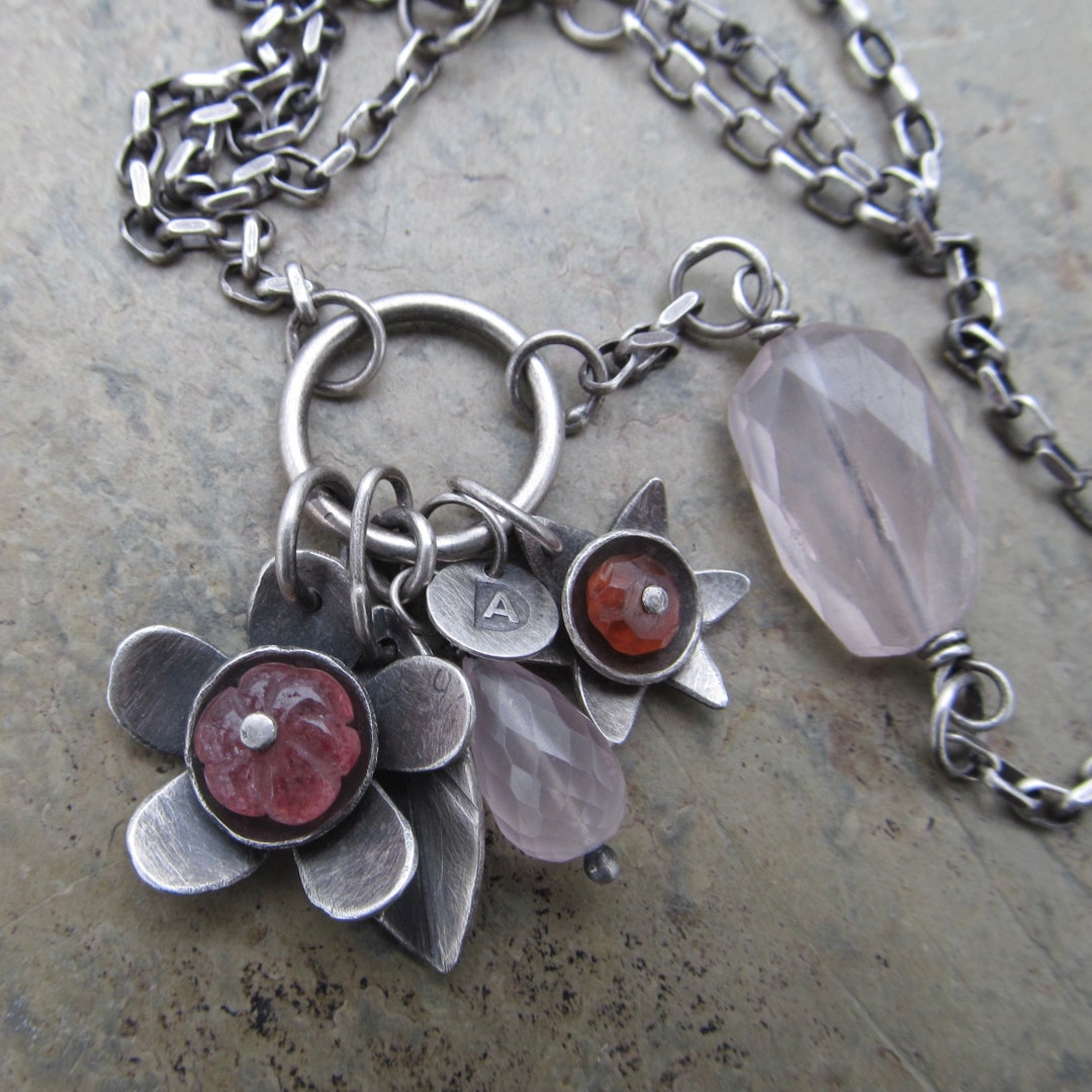 Pink Gemstone Flower Necklace Sterling Silver Daisy Charm Cluster ...