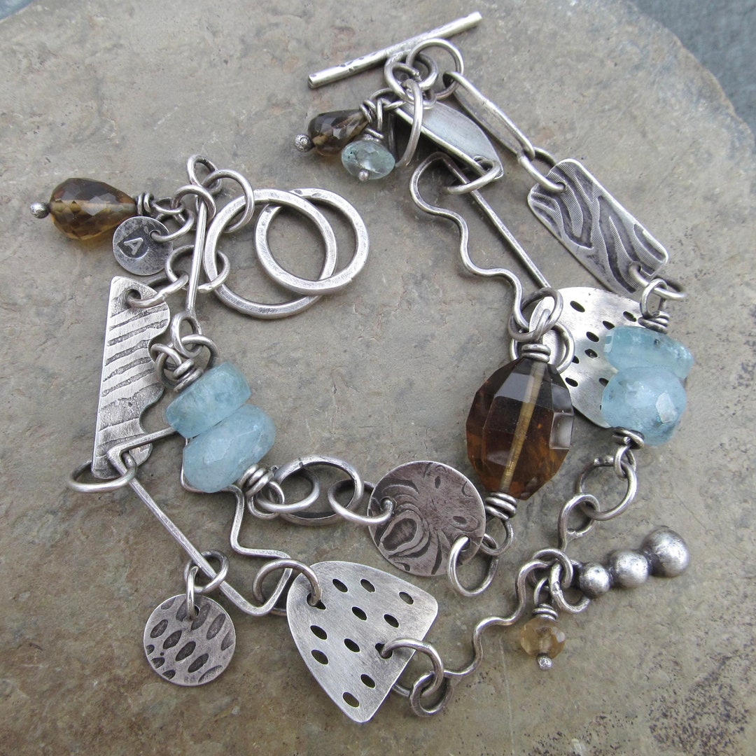 Eclectic Multi Strand Sterling Silver Charm Bracelet Chunky Aquamarine ...