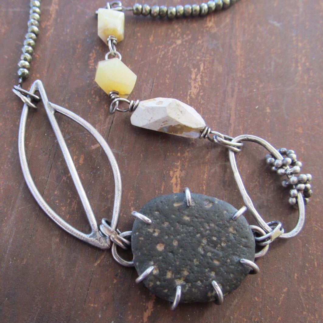 Short Necklace Silver Beach Stone Pyrite Yellow Opal Graphic - Etsy