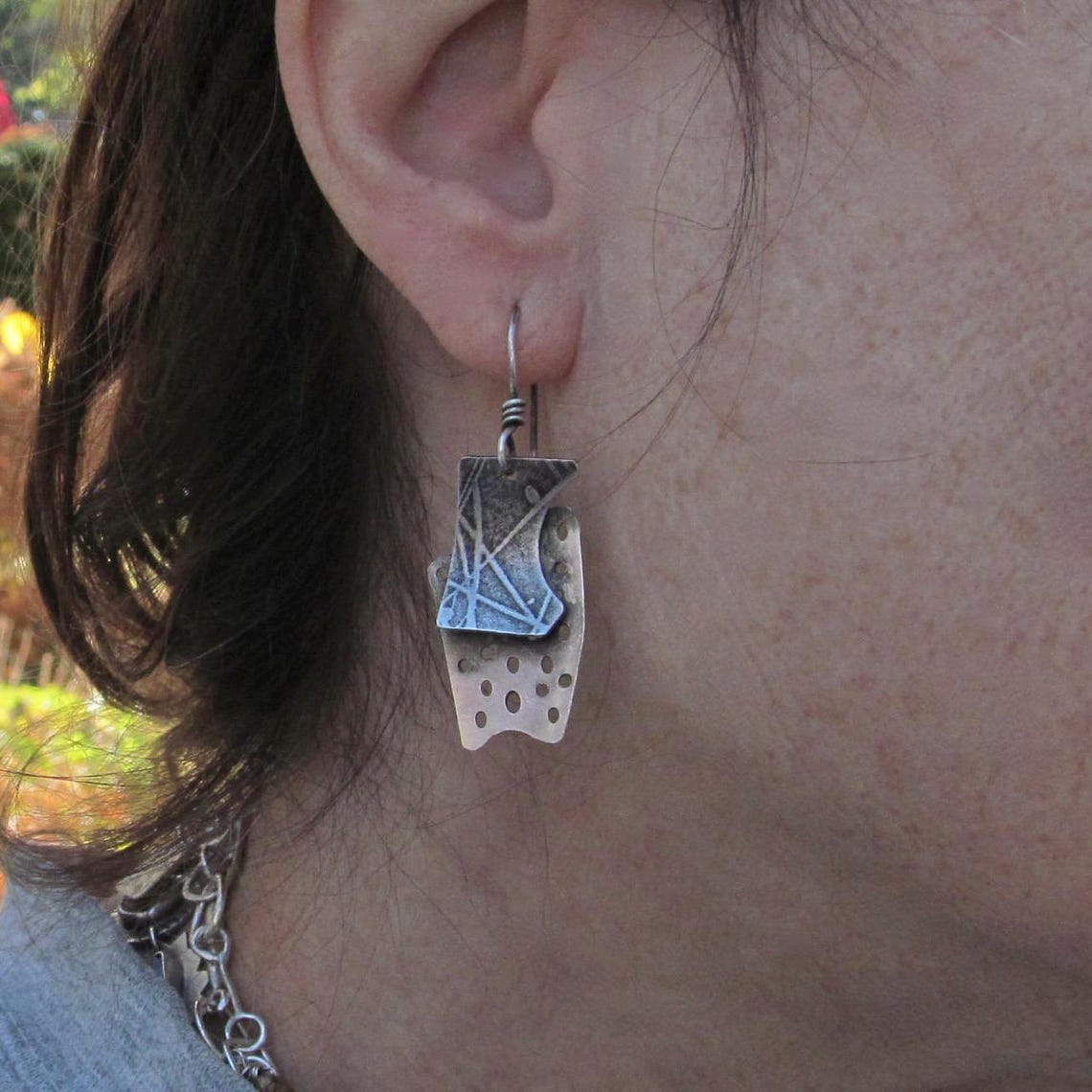 Silver Abstract Layered Earrings Asymmetrical Textured Artistic Dangles ...