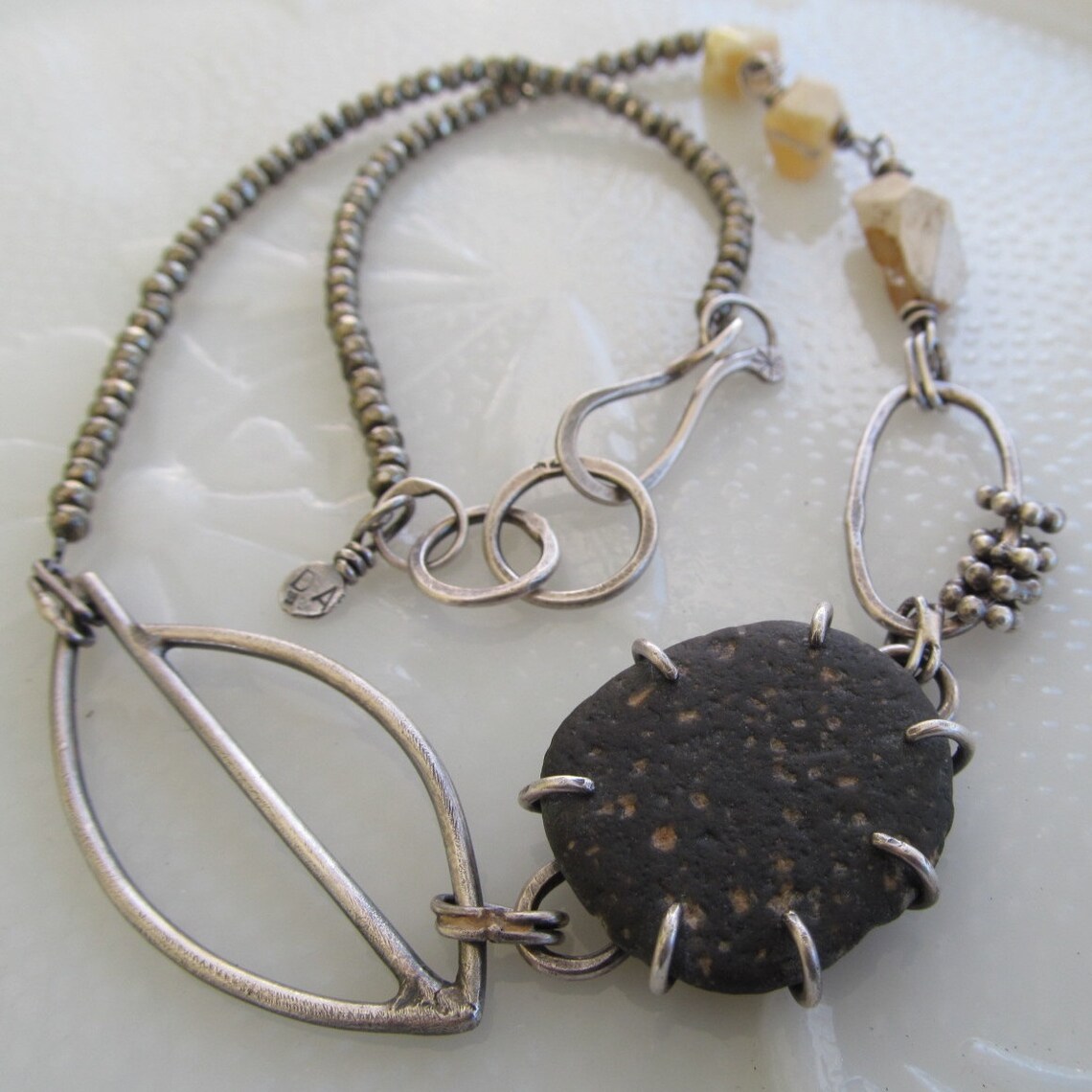 Short Necklace Silver Beach Stone Pyrite Yellow Opal Graphic - Etsy