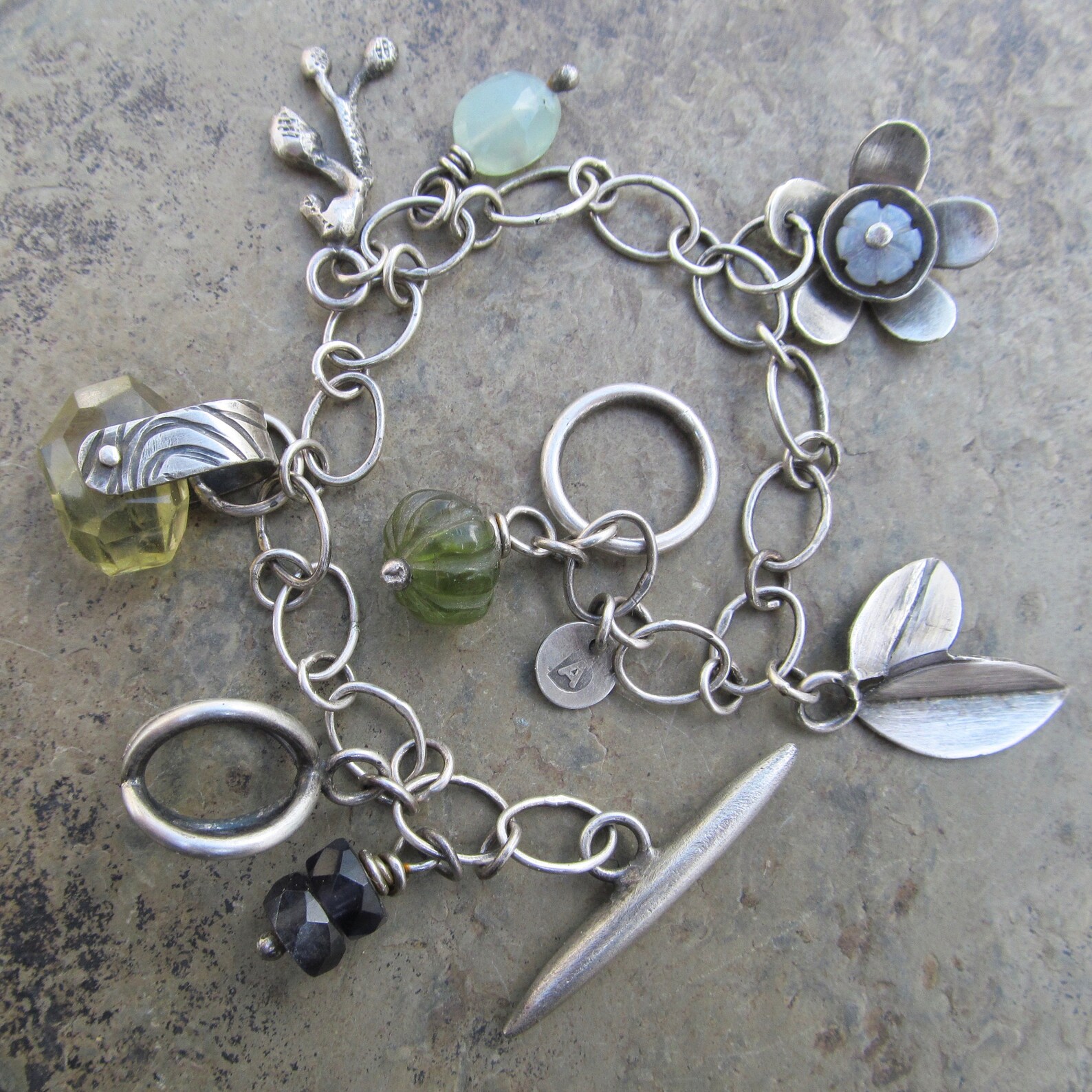 Spring Charm Bracelet Silver Flower Charm Green Blue Gemstone - Etsy