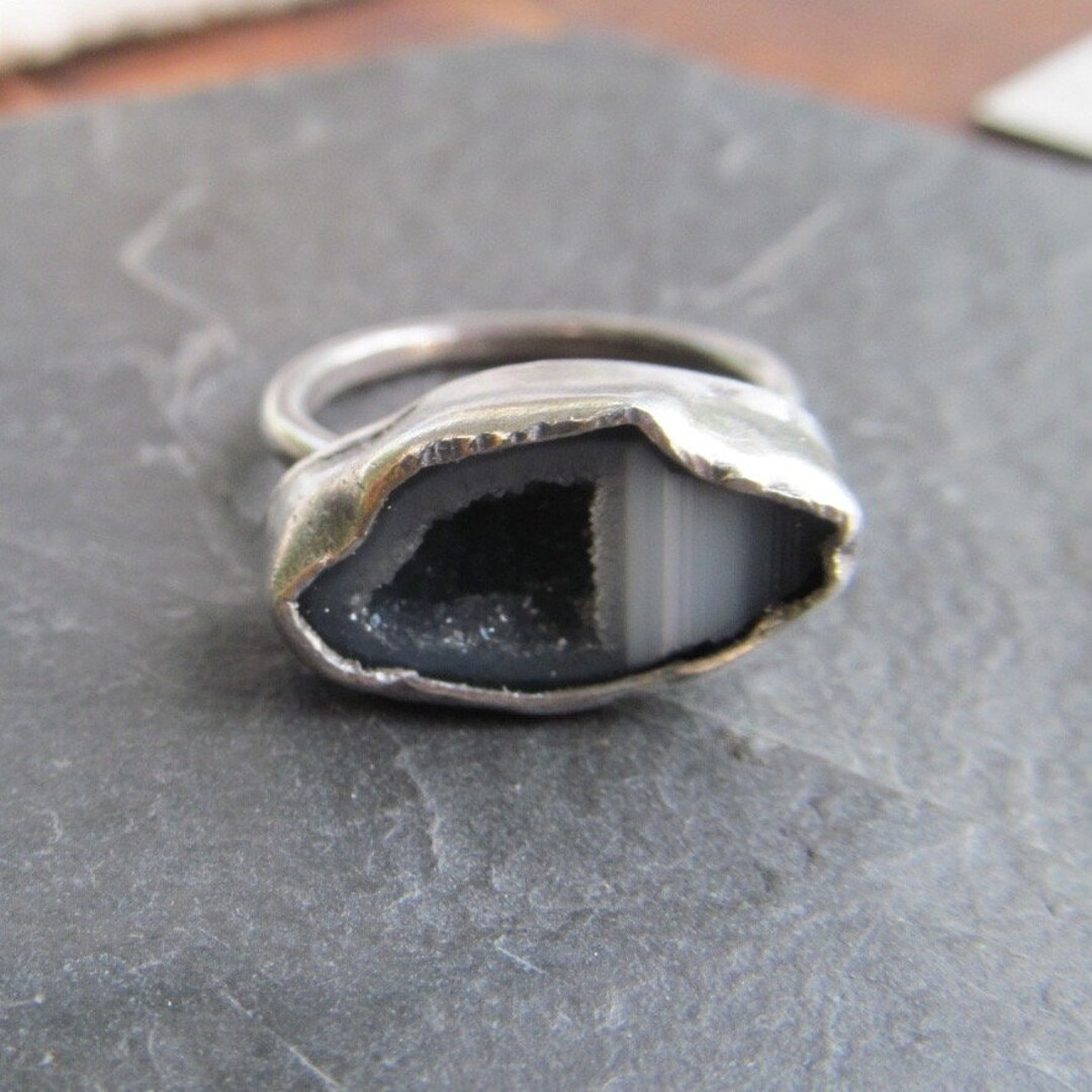 Silver Mini Geode Ring Gray Druzy Ring Sparkly Druse Gemstone Ring ...