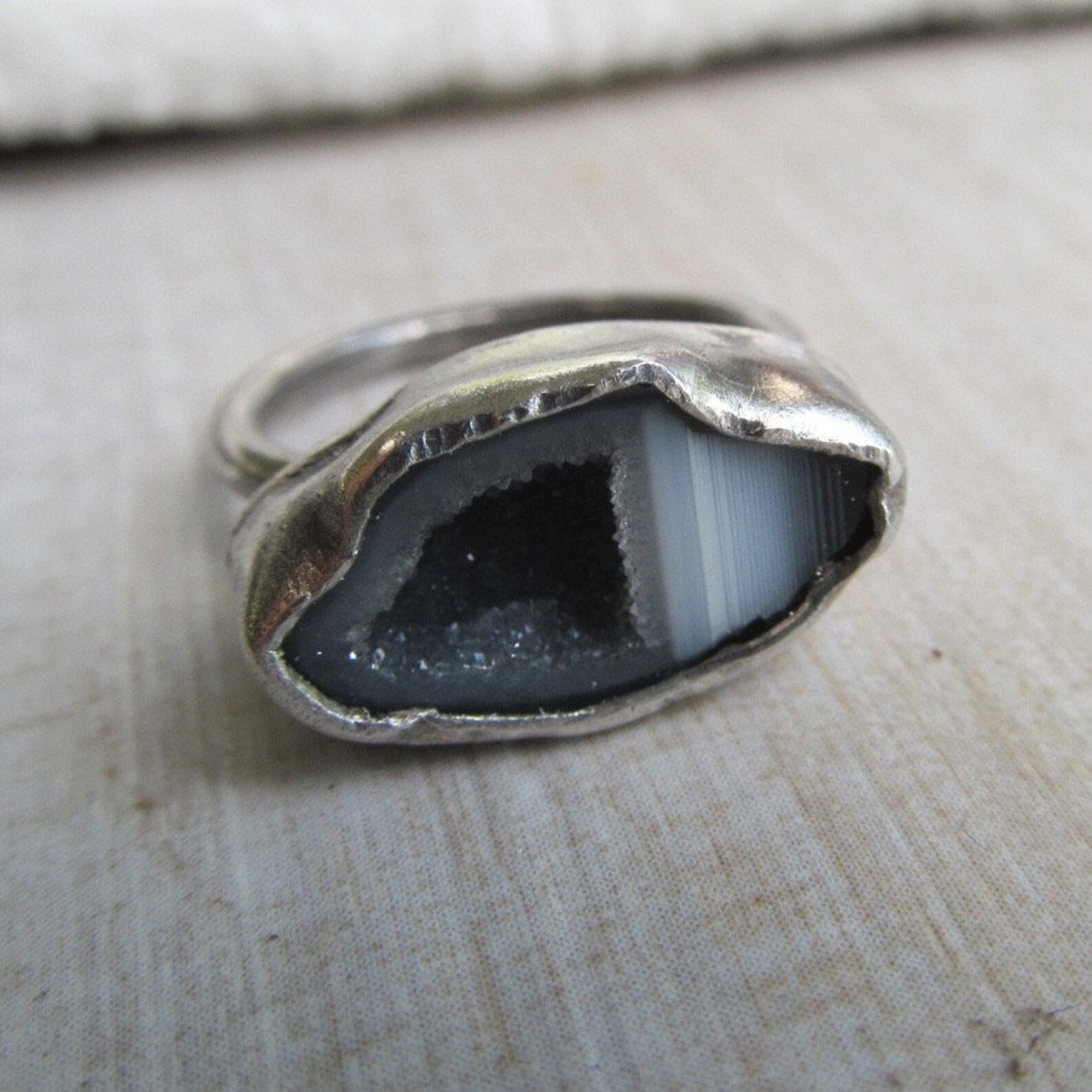Silver Mini Geode Ring Gray Druzy Ring Sparkly Druse Gemstone Ring ...