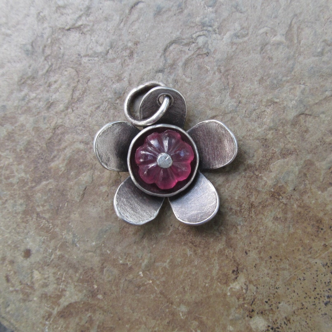 Sterling Silver Flower Charm Pink Ruby Daisy Pendant Rustic Rose ...